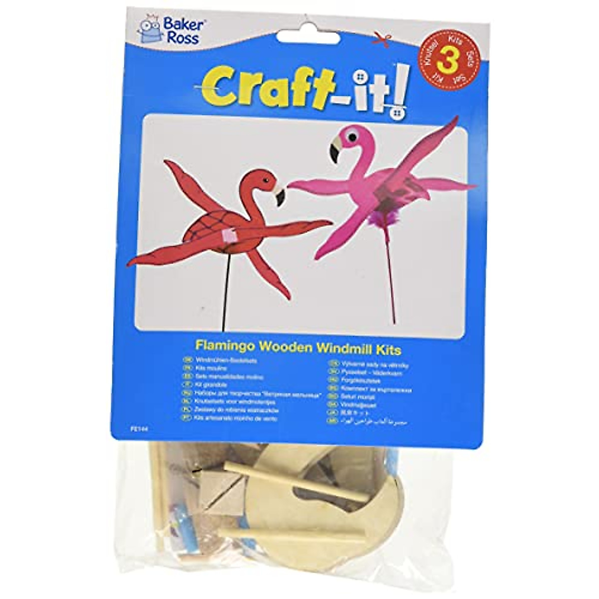 Baker Ross FE144 Flamingo Wooden Windmill Kits - Pack of 3, for Kids Arts and Crafts Projects, Wooden Crafts for Children to Decorate, Personalize and Display