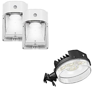 CINOTON 42W LED Barn Light Dusk to Dawn Outdoor Lighting, Black 1 Pack & 26W LED Wall Pack Light with Dusk to Dawn Sensor White 2 Pack