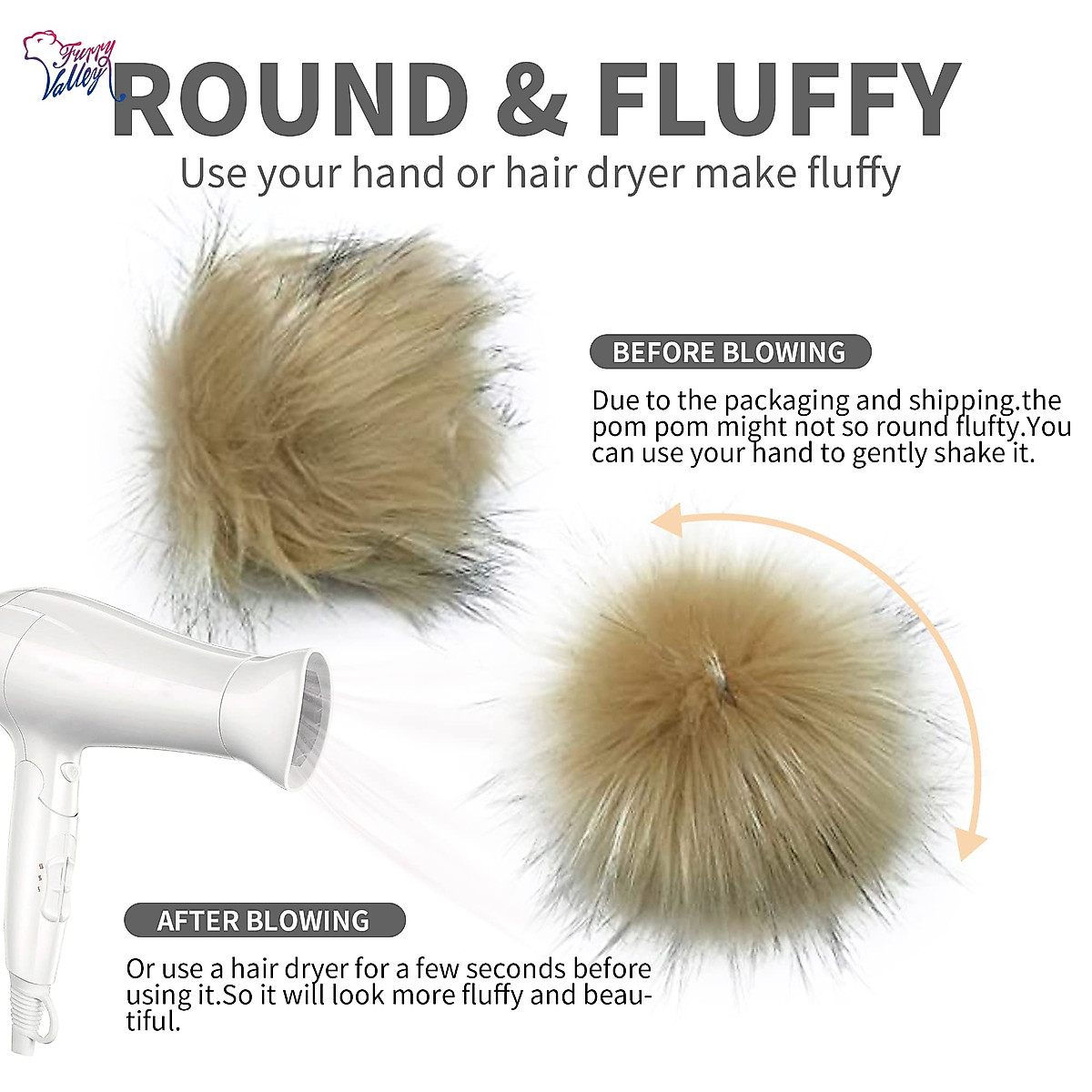 Furryvalley Faux Fur Pompom 6pcs DIY Crafts Fluffy Balls for Hat Shoes Scarves with Snap Fastener Removable Knitting Hat Horse Riding Hat Silk Accessories 6 Inch Extra Large(Khaki)