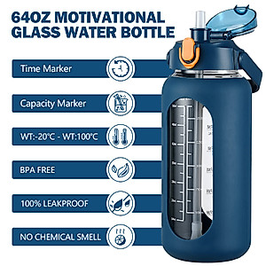 kytffu 64oz Glass Water Bottles with Straw, Half Gallon Motivational Glass Bottle with Silicone Sleeve and Time Marker, 2L Leakproof Large Glass Water Jug for Gym Home Office,Blue