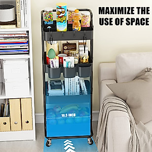 Devo 4 Tier Utility Rolling Cart, Heavy Duty Storage Cart, with Handle, 4 Side Hooks, 2 Storage Cups and Lockable Wheels, Organizer Cart for Bathroom Kitchen Office Classroom, Black