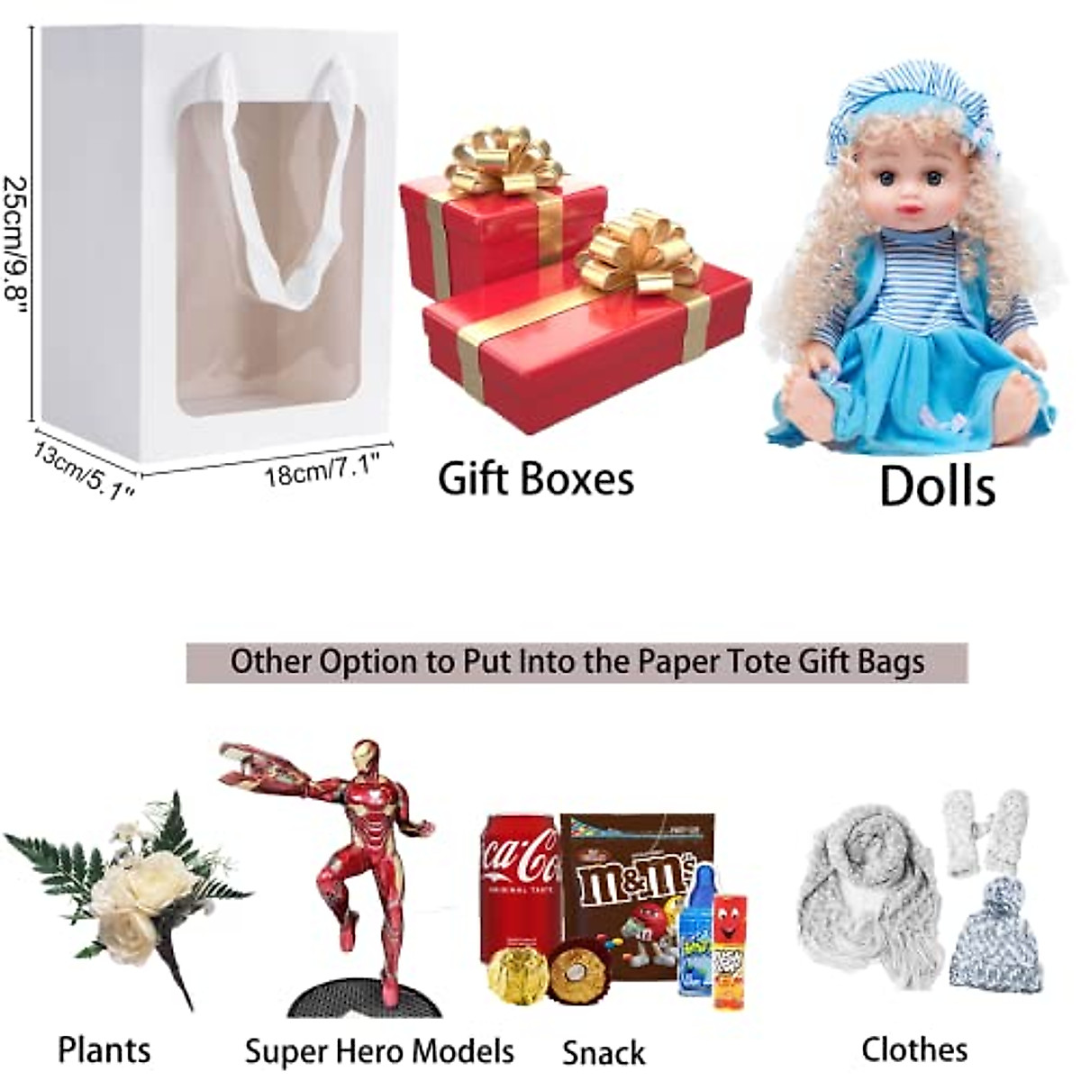 Dasofine 12pcs White Gift Bag with Window, Sturdy Paper Tote with Transparent Window, 7.1"×5.1"×9.8" Paper Gift Bags with Handles, Flower Bouquet Bags