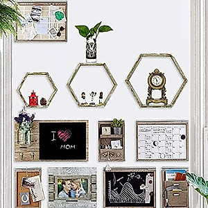 AlphaCo Rustic Wall Mounted Hexagonal Shelves for Living Room, Bedroom, Office or for Home Supplies in Bathroom or Kitchen, Round Wall Shelf, Set of 6 - Rustic Gray Wood 3 Hexagon Shelves-Boxes
