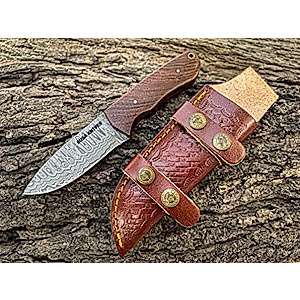 SUSA KNIVES 8''Fixed Blade Hunting Knife with Leather Sheath, Damascus steel Blade Outdoor Survival Hunting Knife, Natural Wood Handle Camping Knife for Men and Women (BROWN)