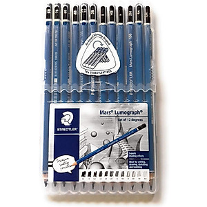 Wooden Lead Pencil By Staedtler Mars Lumograph - Pack of 12 Degrees in Practical Plastic Storage Box with Staedtler Tub Sharpener and Rasoplast Eraser