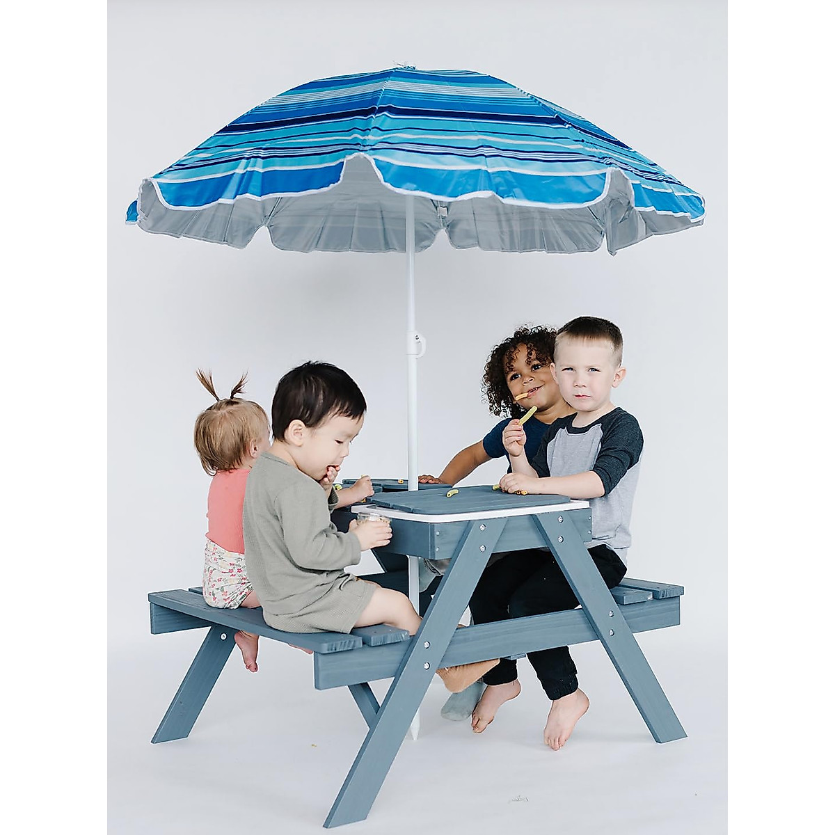 Beright 3-in-1 Kids Picnic Table, Play Sand and Water Sensory Table with Height Adjustable Umbrella & Removable Tabletop, Kids Wooden Outdoor Table, with 3 Storage Bins, Upgraded