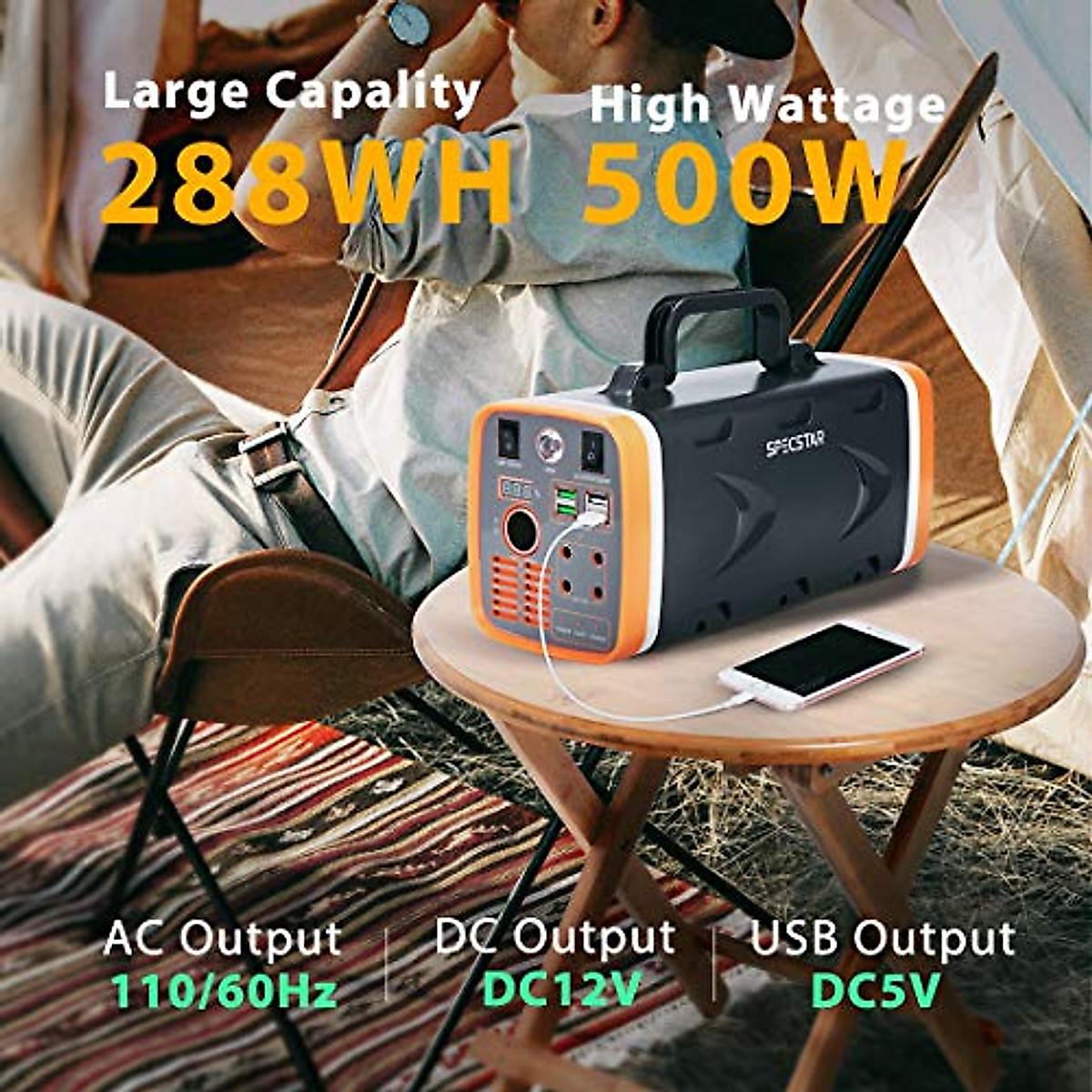 SPECSTAR 500W 78000mAh 288WH Portable Power Station with LED Light, Battery Generator with AC DC USB Outlets and Solar Charging Interface for Emergencies Outdoors, Solar Panel Not Included