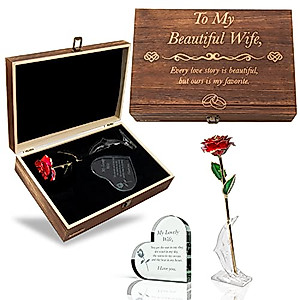 GreenCor Anniversary for Wife | Her | Women Engraved Wooden Gift Set 'to My Beautiful Wife' Includes Crystal Engraved Heart | 24K Gold Dipped Rose for Birthday Gifts & Valentines Day