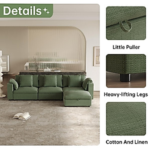 Guyii Sectional Sofa Couch, Modern Luxury Oversized 4-Seater Green Sofa with Storage Ottoman, Convertible Sofa with Back Cushions, L-Shaped Sofa for Living Room, Apartment, Home