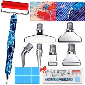 14PCS Diamond Painting Pen Accessories Tools Set, Exquisite Stainless Steel Metal Pen Tips,Ergonomic Diamond Art Drill Pen and 6 Painting Glue Clay,Comfort Grip and Faster Drilling (Blue Silver)