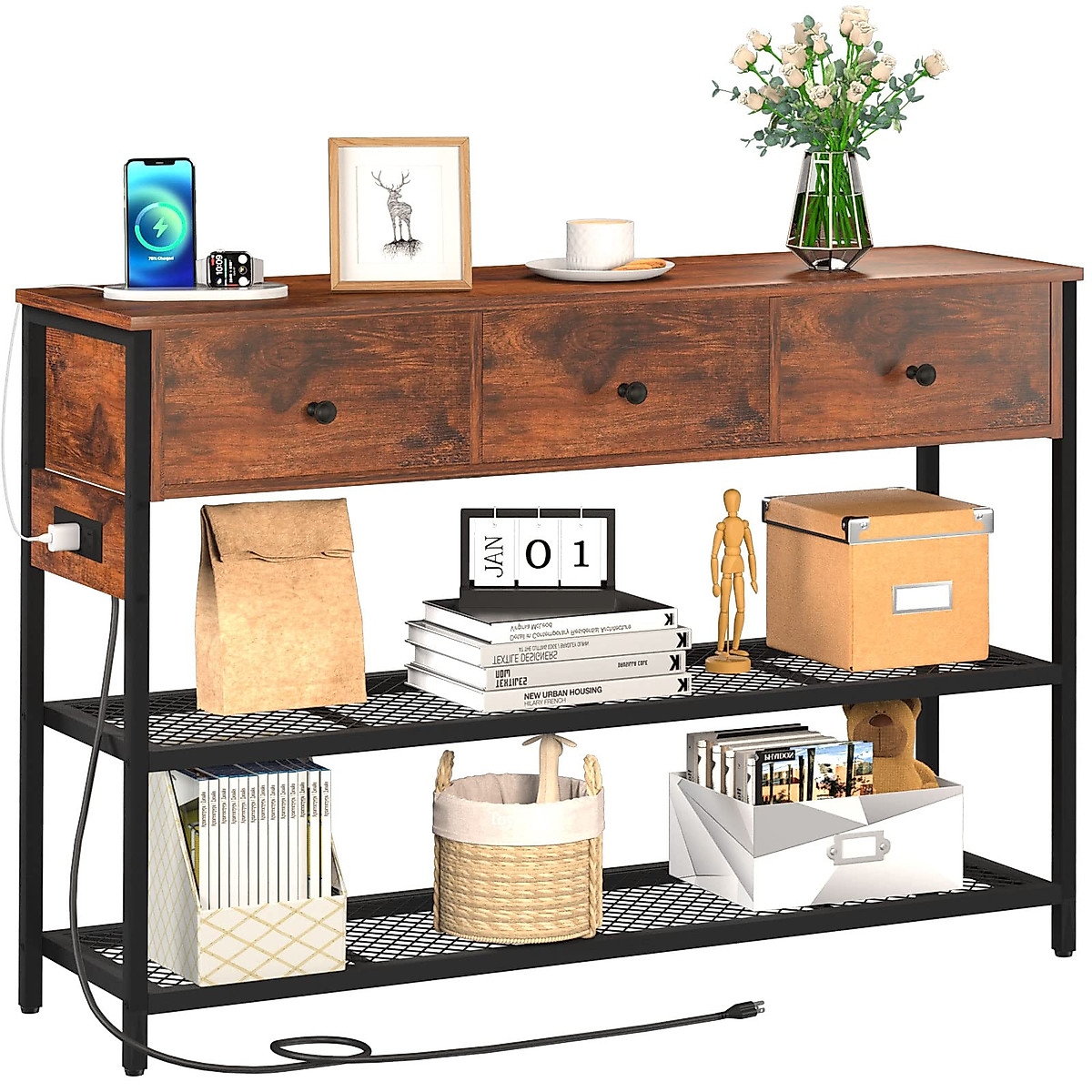 Yoobure Console Table with 3 Drawers, 47" Entryway Table with Storage Shelves, Narrow Long Sofa Table with Outlets & USB Ports, 3-Tier Entry Table, Couch Table for Living Room, Hallway, Foyer, Hall