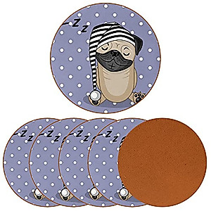 6 PCS Premium Leather Coasters for Drinks - Heat Resistant Drink Coaster - Protect Furniture from Stains Water Rings and Damage - Cute Pug Dog Sleepy