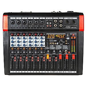 Audio2000'S AMX7382 Six-Channel Powered Audio Mixer with 320 DSP Sound Effects, Stereo Sub Out with Sub-Out Level-Control Fader, Level-Control Faders on All Channels, and USB/Computer Interface