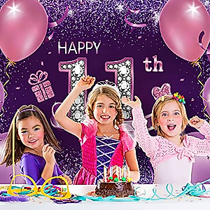 Happy Birthday Party Decorations, Large Fabric Happy 11th Anniversary Birthday Backdrop Photo Booth Background with Rope for Girls Birthday Party Favor Banner, 72.8 x 43.3 Inch, Pink Purple