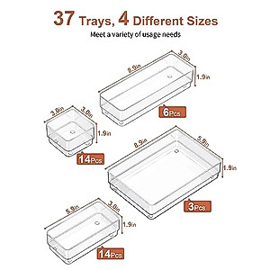 SMARTAKE 37-Piece Drawer Organizer with Non-Slip Silicone Pads, 4-Size Desk Drawer Organizer Trays Storage Tray for Makeup, Jewelries, Utensils in Bedroom Dresser, Office and Kitchen (Clear)