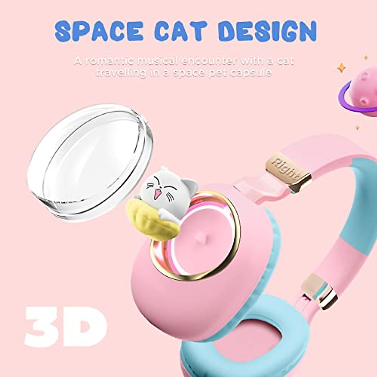 QearFun 7 Colors LED Light Up 3D Cat Headphones Bluetooth, Foldable Cat Ear Wireless On Ear Earphones Gaming Headset with Mic & 3.5mm Jack, Gifts for Kids/Teen Girls/Cat Lover/iPad/Tablet（Pink）