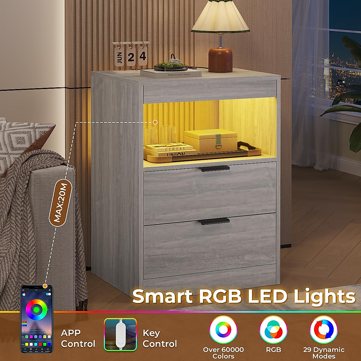 ADORNEVE Nightstand with Wireless Charging Station and LED Lights, Grey Night Stand with 2 Drawers and Open Storage for Bedroom, Bedside Table with Pull-Out Shelf, Modern End Side Table