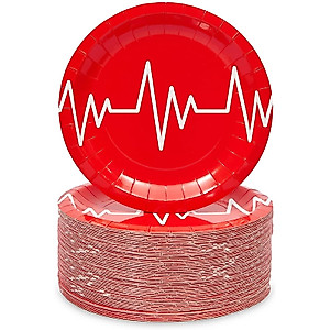 Sparkle and Bash 80 Pack Nurse Paper Plates for Nursing Graduation Party Supplies, Heartbeat Monitor Design, for Student Nurses, Doctors, Medical Professionals (7-Inch Diameter)