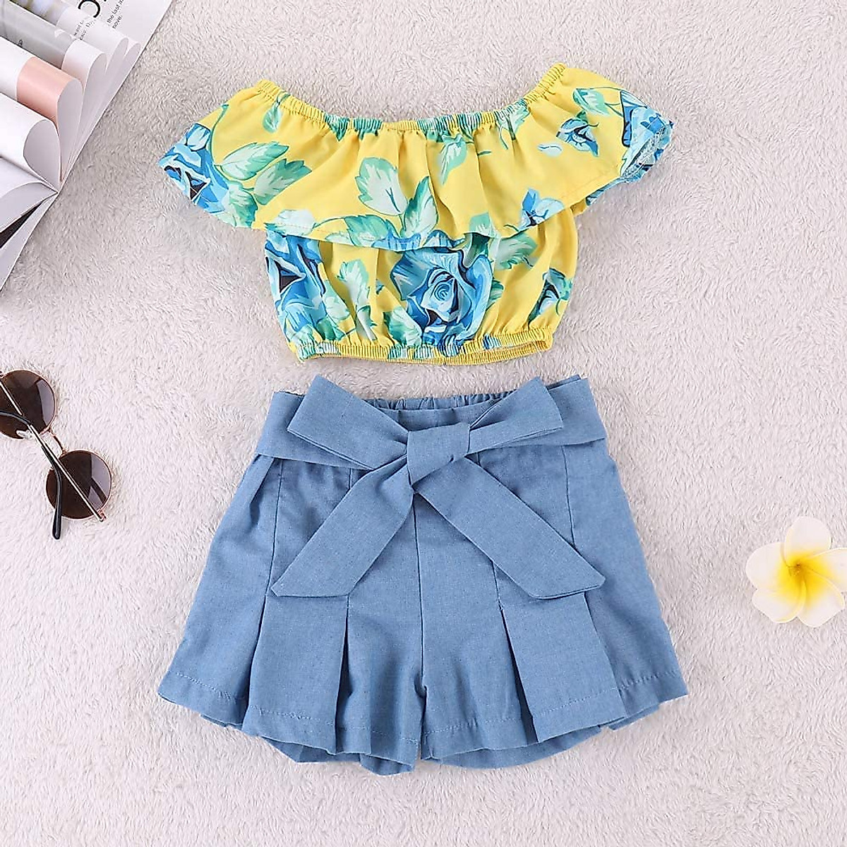 Kids Baby Girls Outfits Floral Ruffle Off Shoulder Crop Tops + Bowknot Denim Shorts Skirt Set Toddler Summer Clothes (5-6 Years, Blue)