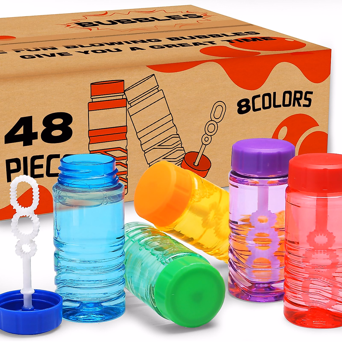 48 Pack Bubble Bottle with Wand Attached to the Cap (8 Colors), Bubbles Bulk Set for Kids Party Favors, Blower Bubbles Refill Toy for Toddler Summer Outside, Birthday Gift, Goody Bag Stuffers Supplies