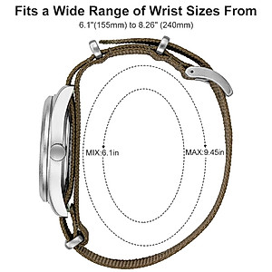 GOLDEN HOUR Men's Nylon Slip-Thru Strap Watch with Military Time Easy Read Dial Glowing Hands in Silver Brown