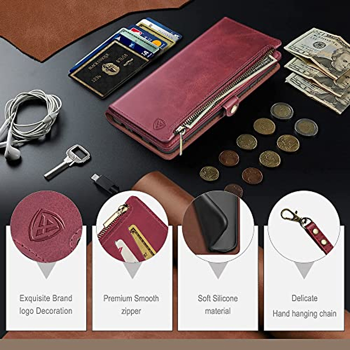 XcaseBar for Google Pixel 7 Wallet case with Zipper 【RFID Blocking】 Credit Card Holder, Flip Folio Book PU Leather Phone case Shockproof Cover Women Men for Pixel7 case Red