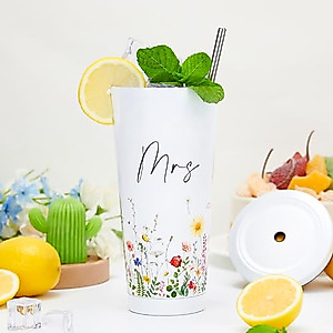 Crisky Wildflower Mrs Gifs Bride Cup for Wedding Engagement Bridal Shower Stainless Insulated Tumbler with Lid & Box 26 OZ