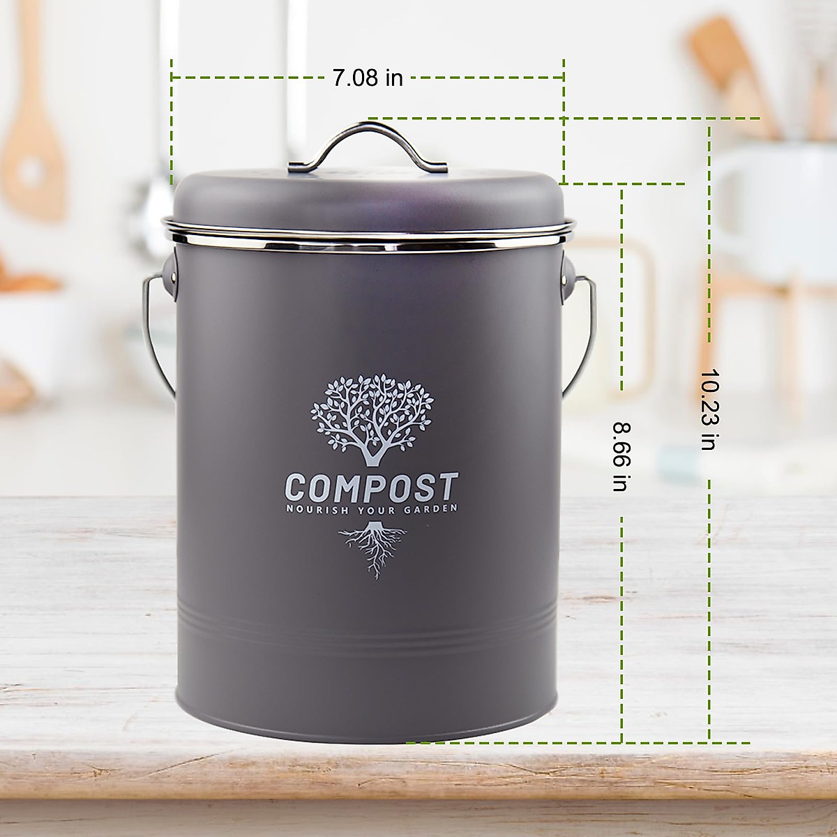 Holismo Kitchen Countertop Compost Bin, Odor Resistant Indoor Compost Bin with Lid and Charcoal Filter, Rust Resistant Coated Compost Bucket, Compost Container, Gray