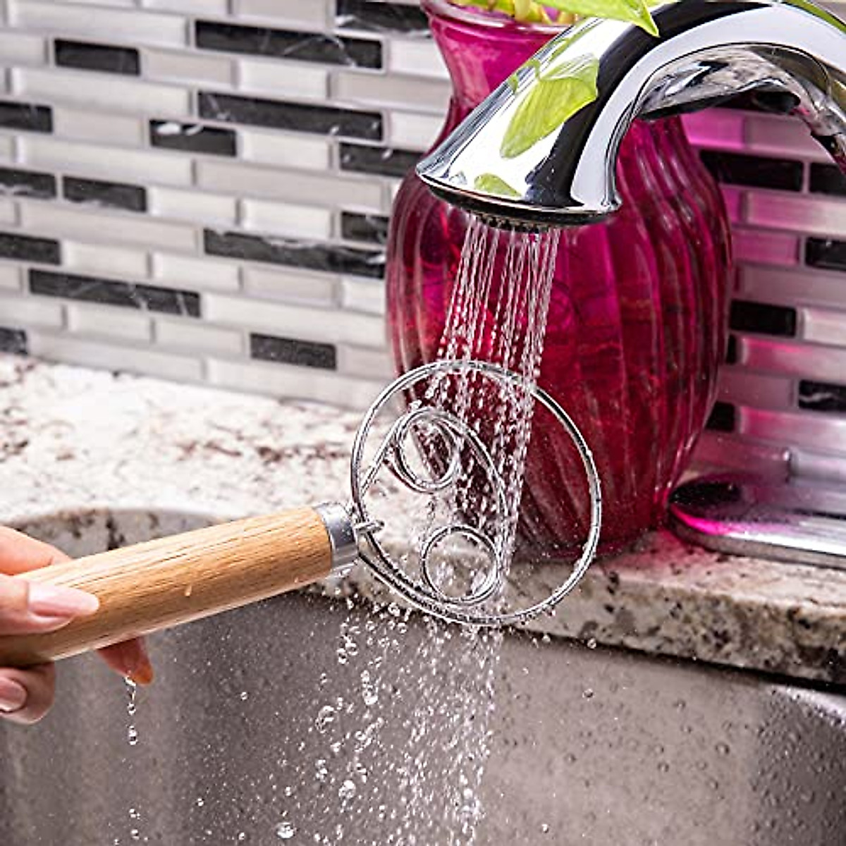 Sofease The Original Danish Dough Whisk - 304 Stainless Steel Ring Nonstick Dutch Whisk for Dough - Long Wooden Danish Dough Whisker Bread Mixer Handle Bundle with Flexible Plastic Scraper Cutter