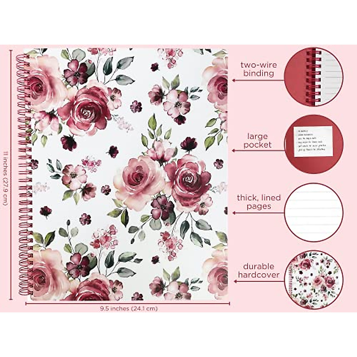Steel Mill & Co Cute Large Spiral Notebook College Ruled, 11" x 9.5" with Durable Hardcover and 160 Lined Pages, Rose Floral