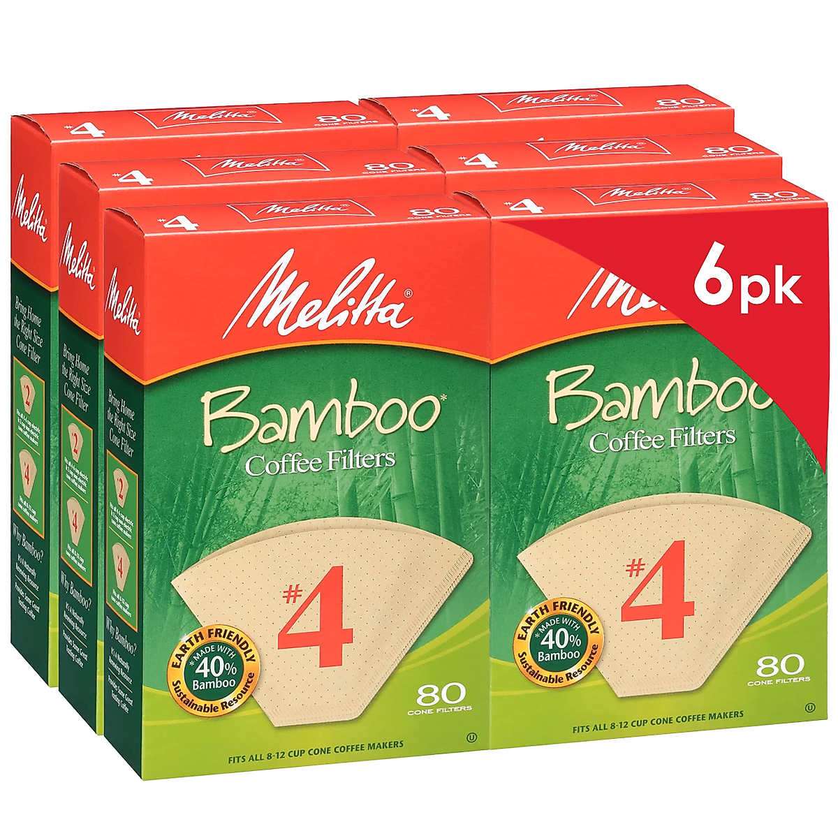 Melitta 4 Cone Coffee Filters, Bamboo, 80 Count (Pack of 6) 480 Total Filters Count - Packaging May Vary