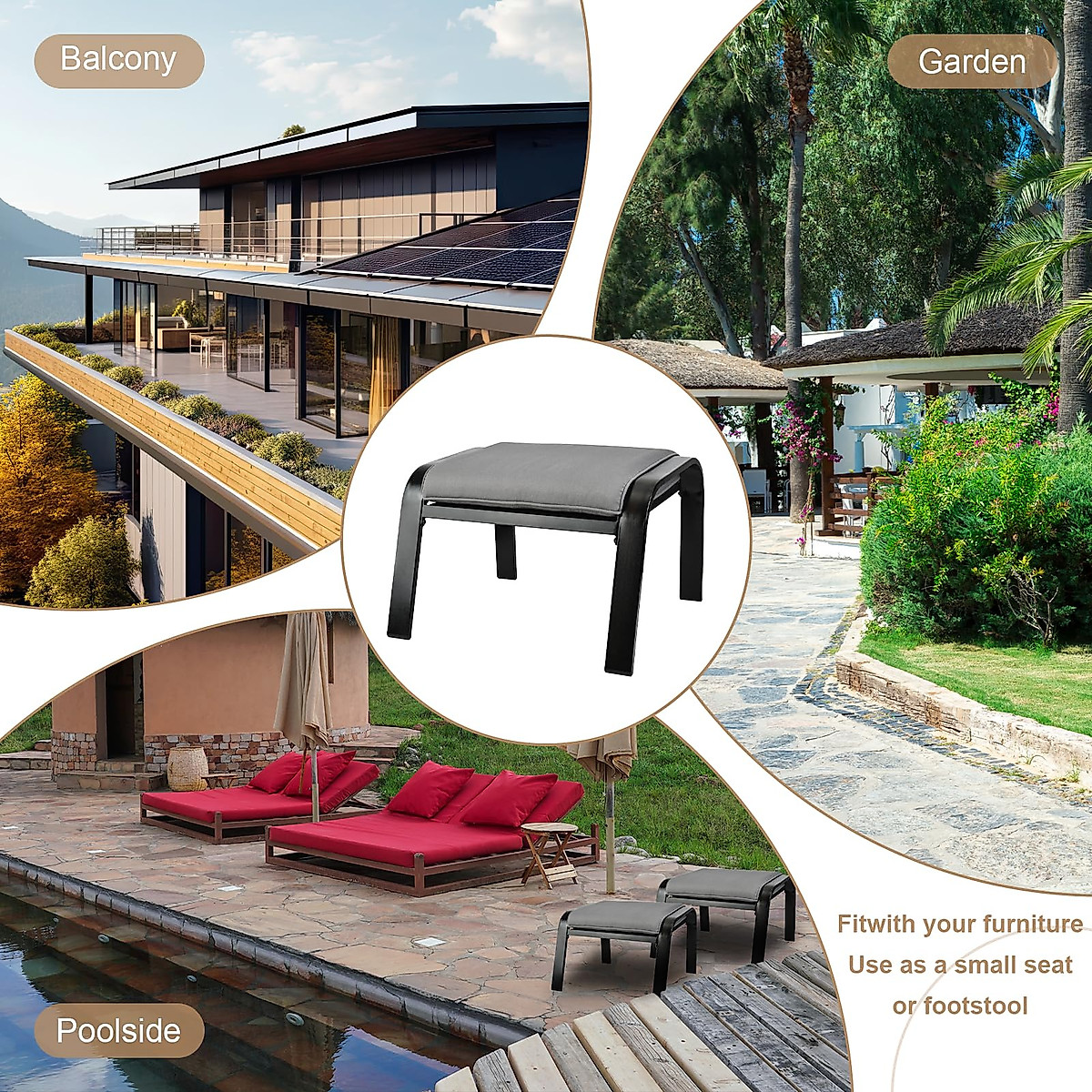 Deguifei Outdoor Footstools All Weather Ottomans Solid Steel Frame Footrest Seat Side Table with Soft Cushion