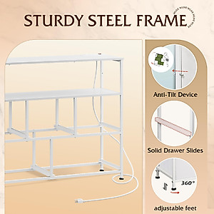 WLIVE Dresser TV Stand for 45 inch TV, White Fabric Dressers for Bedroom with 5 Drawers, Entertainment Center with Open Shelf and Power Outlet, TV Stands for Living Room, Closet