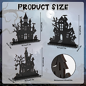 3Pcs Halloween Wooden Tabletop Centerpiece Decorations,Wooden Double-Sided Printing Silhouette Sketch Ghost House Decoration Ornaments,Halloween Desk Tiered Tray Decor for Indoor Home Kitchen Party