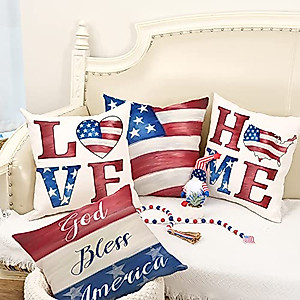 GEEORY 4th of July Decorations Pillow Covers 18x18 Set of 4 Memorial Day American Flag Stars and Stripes Patriotic Throw Pillow Covers Love America Pillows Case Independence Day Decor