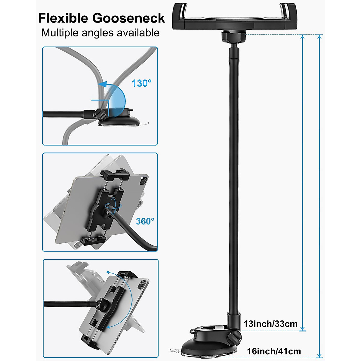 woleyi Tablet Holder for Car Dashboard Windshield [Gooseneck Long Arm] Suction Cup iPad Holder for Car, Car Tablet Mount Compatible with iPad Pro Air Mini, Galaxy Tabs, Cell Phones, 4.7-13" Devices