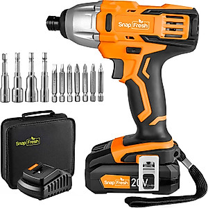 SnapFresh Cordless Impact Driver, 20V 1/4” Impact Drill w/ 1350in-Lbs Torque, Variable Speed 2200 RPM, Built-in LED, 2.0Ah Li-ion Battery, 1h Rapid Charger, Driver Bits & Sockets, Tool Bag