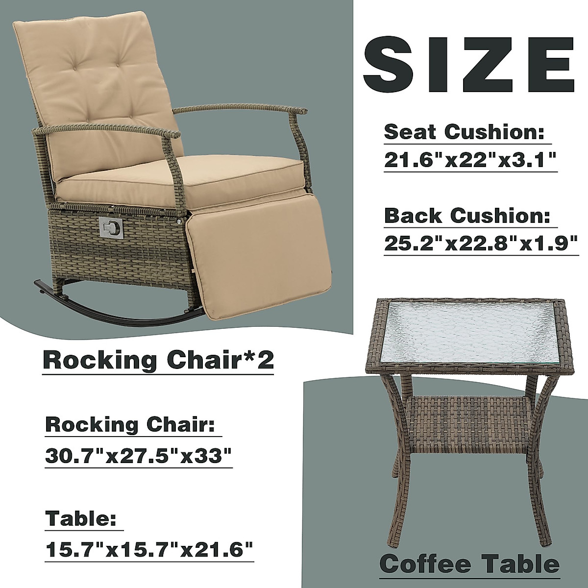 CATMIX Outdoor Rocking Chairs, Adjustable Rattan Recliner Chairs PE Wicker Patio Furniture Set Outdoor Recliner Chairs Furniture Set with Soft Thick Cushion, Removable Glass Tabletop, Beige…