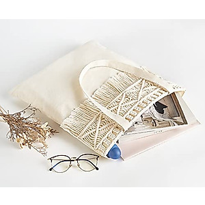 Mkono Canvas Tote bag for Women Boho Aesthetic Shoulder Handbag with Macrame Fringe Reusable Shopping Bag Lightweight Unique Gift Bag Cute Tote Bag for School Work Beach Travel Wedding Holiday