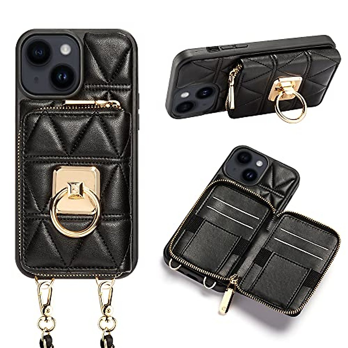 CUSTYPE Compatible with Phone 14 Plus Case Wallet with Card Holder,360 Rotation Ring [Two-Way Stand],Leather Zipper Wallet Case with Crossbody Strap for iPhone 14 Plus,6.7 Inch,Black