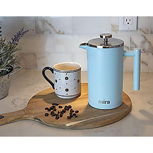 MIRA 34 oz Stainless Steel French Press Coffee Maker with 3 Extra Filters | Double Walled Insulated Coffee & Tea Brewer Pot & Maker | Keeps Brewed Coffee or Tea Hot | 1000 ml (Pearl Blue)