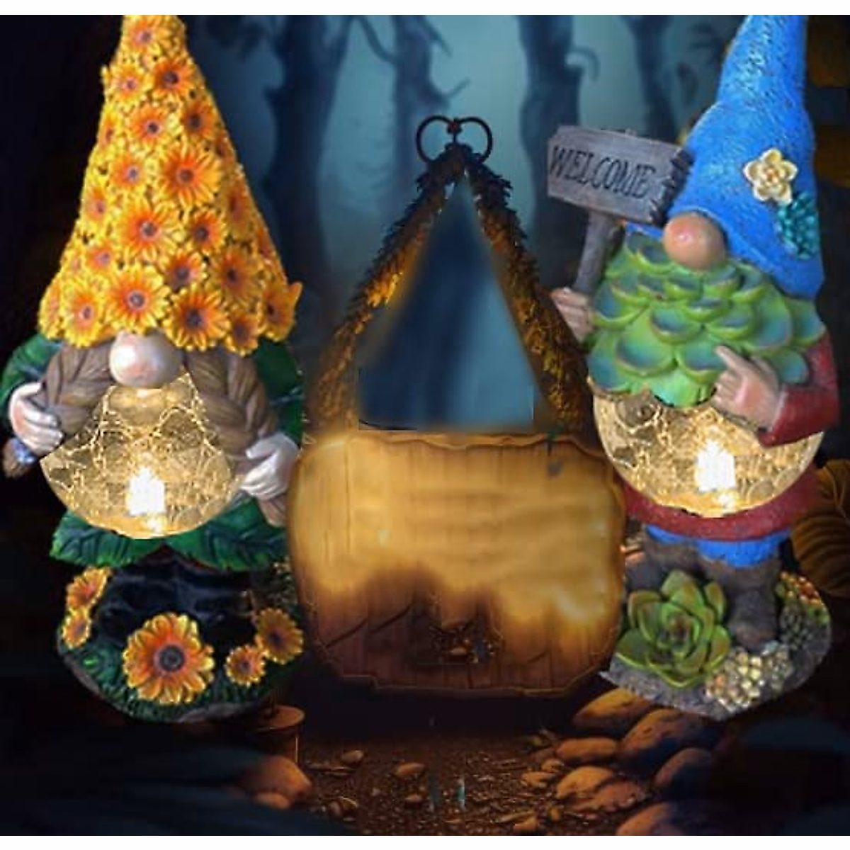 Koncenttop S/2 Gnomes Garden Outdoor Figurine Lights Decor, Solar Light Gnomes Stuatues Yard Decoration, Resin Gnome Figurine Gnome Lady with Sunflower Hat, Outdoor Pation Decor, Gome Gift,Yard Decor