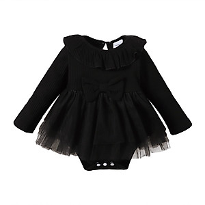 OPAWO Newborn Baby Girl Bodysuit Dress Long Sleeve Ribbed Romper Onesie with Tulle Skirt Infant Baby Girl Dresses 0-18 Months(Black,0-3 Months)