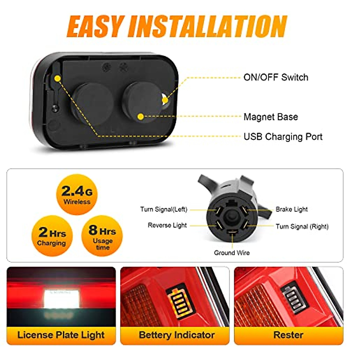 CAFOPAR Wireless Magnetic Trailer Lights Kit, LED Trailer Rear Light with 2 Charging Ways, Universal Running Stop Turn Signal License Plate Light for Tow Trucks, Caravans, Campers, RV, Boat