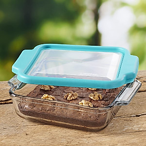 Anchor Hocking Glass Baking Dishes for Oven, 8 Inch Square Glass Cake Pan with TrueFit Teal Lid