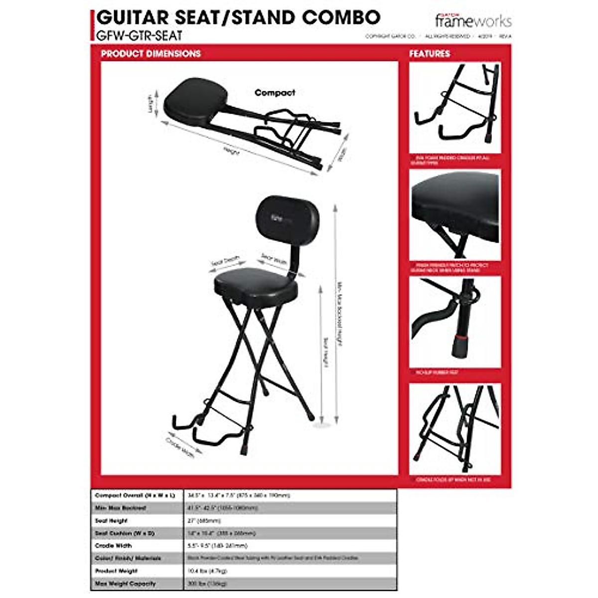 Gator Frameworks Guitar Seat with Padded Cushion, Ergonomic Backrest and Fold Out Guitar Stand; Holds both Acoustic and Electric Guitars (GFW-GTR-SEAT)
