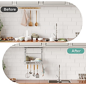 TQVAI Stainless Steel Hanging Dish Drainer Folding Dish Drying Rack with Rod, Drainboard and Hanging S Hooks - Silver