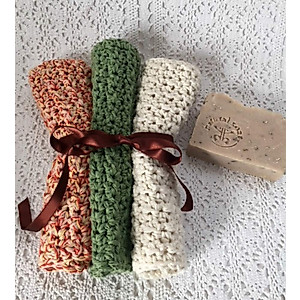 Crochet Kitchen Dish Cloths Fall Harvest Green Beige Orange Yellow Wash Cloth Crochet Cotton Dishcloths Set of 3