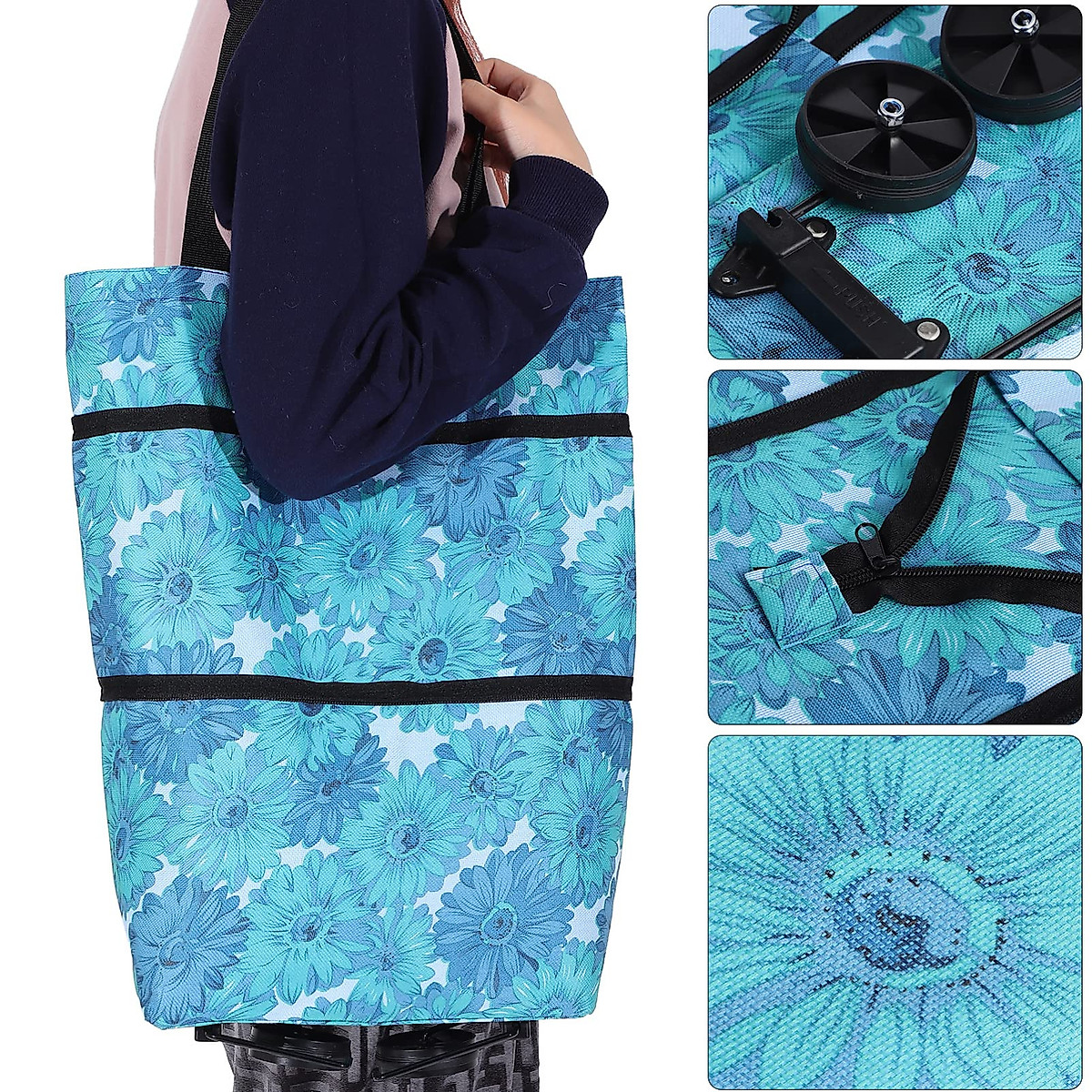 Cabilock 2Pcs Folding Shopping Bags Portable Collapsible Trolley Bags with Wheels for Women As Shown