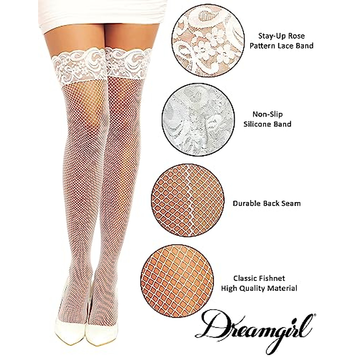 Dreamgirl womens Fishnet Thigh High Stockings With Silicone Lace Top adult exotic hosiery, White, One Size US